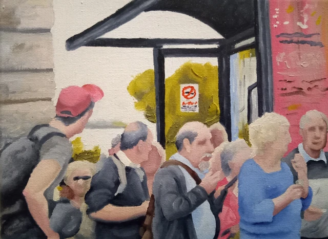 ORIGINAL ELDERLY PORTRAITS bus stop oil painting canvas wall art figure ...