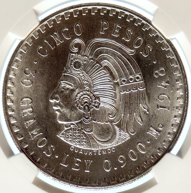 1948 MEXICO AZTEC Chieftain CUAUHTEMOC Eagle OLD Silver 5 Peso Coin NGC ...