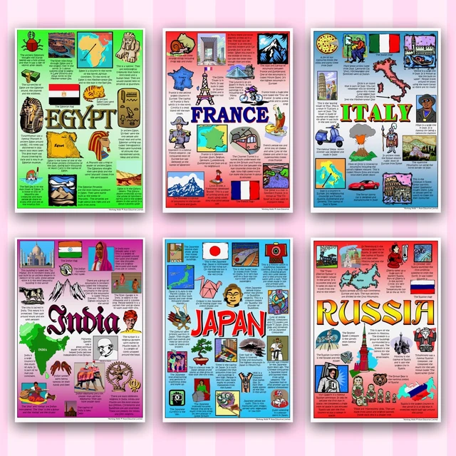 COUNTRIES OF THE World Poster Set - Egypt, France, Italy, India, Japan ...