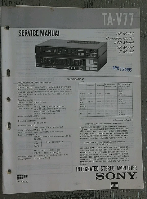 SONY TA V70 Service Manual schematic stereo amplifier amp Original ...