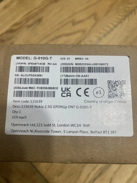 NOKIA-ONT G-010G-T OPENREACH Optical Fibre GPON Terminal BNIB X1 £14.49 ...