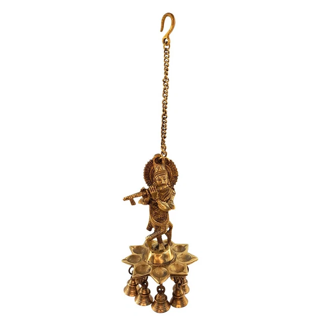 TRADITIONAL BRASS KRISHNA Roof Hanging Diya Oil Lamp With Bell & Long ...