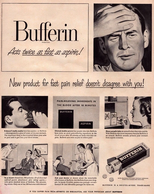 1949 BUFFERIN HEADACHE Fast Pain Relief Tablets Vintage Print Ad ...