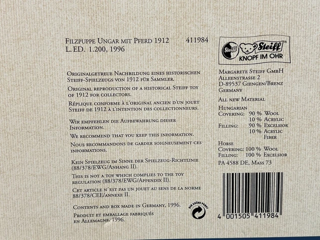 POUPÉE EN FEUTRE Steiff Tier 411984 Hongrie avec cheval. Excellent état ...