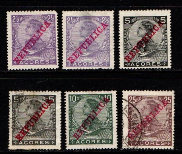 PORTUGAL AZORES 1910 King Manoel Republica selection to 25 reis Mint ...