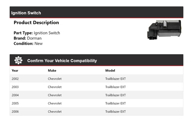FOR 2002-2006 CHEVROLET Trailblazer EXT Dorman Ignition Switch 2003 ...