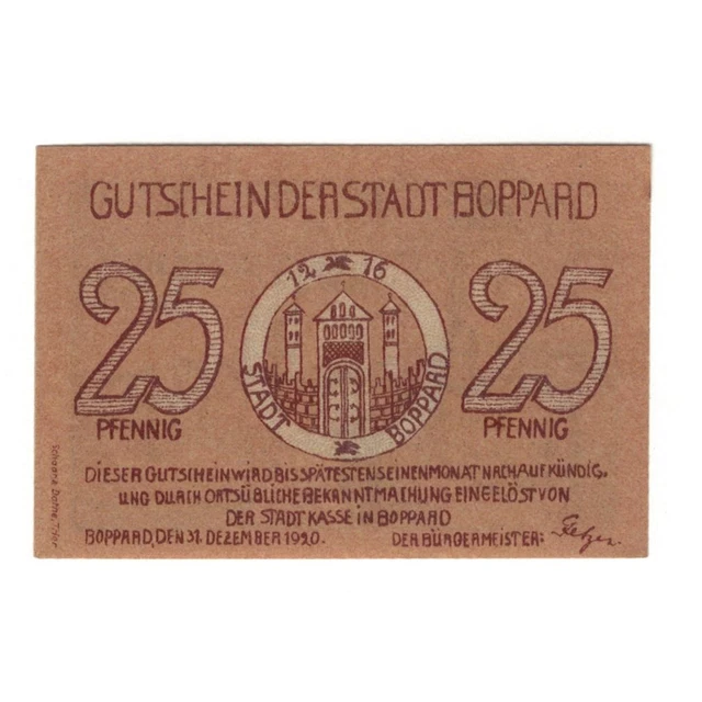[#326699] BILJET, DUITSLAND, Boppard Stadt, 25 Pfennig, village 1, 1920 ...
