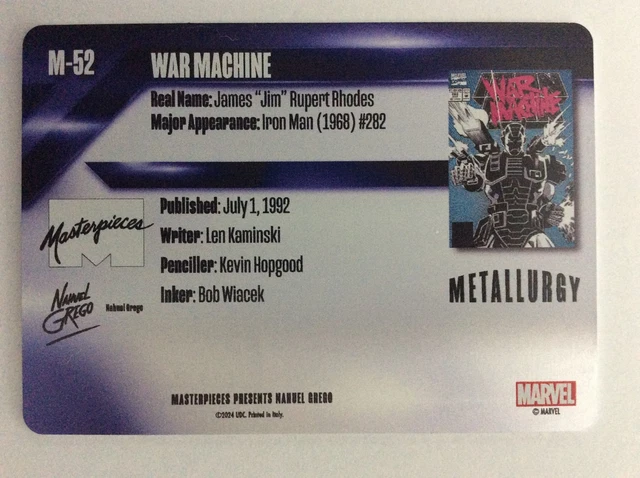 2024 MARVEL MASTERPIECES Grego METALLURGY #M-52 War Machine 21/25 £141. ...