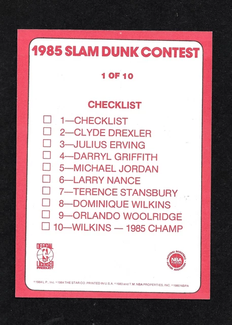 1985 STAR COMPANY Supers Slam Dunk Contest Checklist #1 With Michael ...