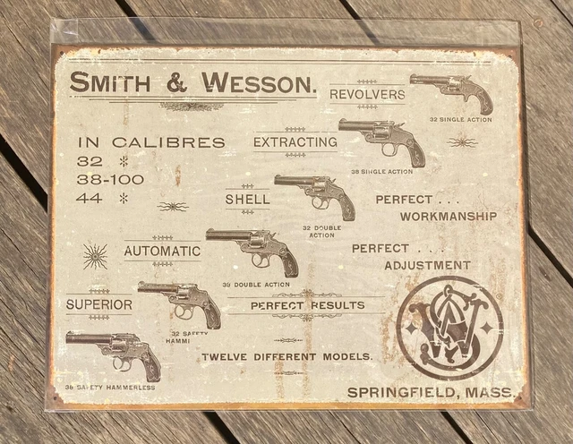 SMITH AND WESSON In Calibres revolver Gun chart advertising tin sign ...