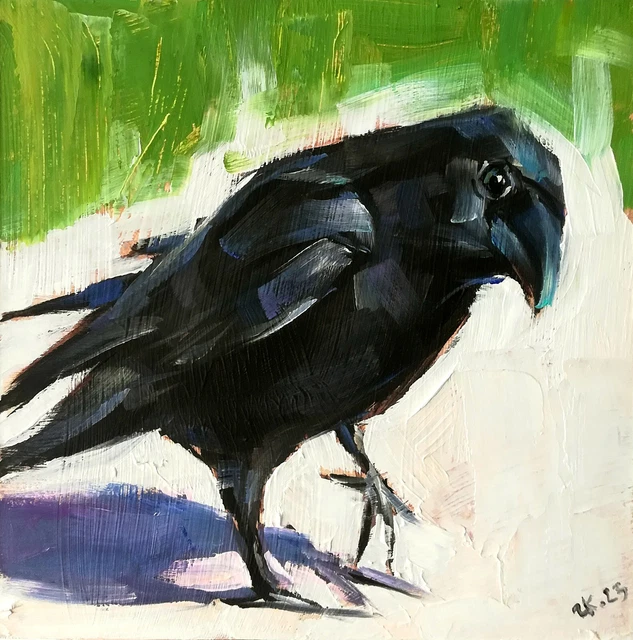 ORIGINAL OIL PAINTING Raven Crow Black Bird Portrait Impressionism ...