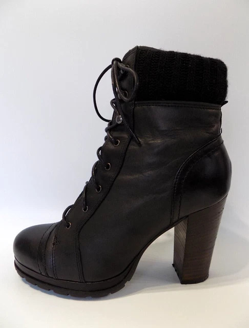 NEXT BOOTS BLACK Lace Up Size 7 Womens Black Leather Ankle Block Heeled ...