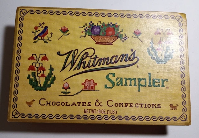 VINTAGE WHITMAN'S SAMPLER Chocolates Box Cross-Stitch Embroidery Design ...