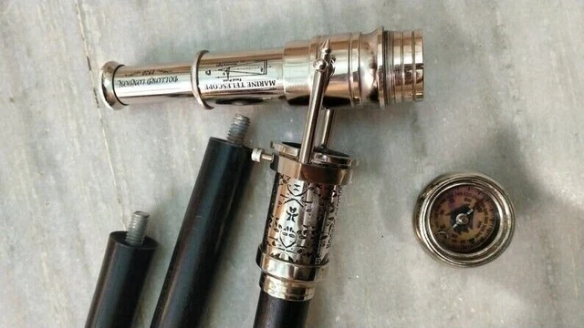 BÂTON DE MARCHE en bois boussole steampunk télescope victorien Dollond ...