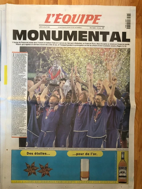 QUOTIDIEN L'ÉQUIPE N°16843 du 3 juillet 2000 - La France remporte l ...