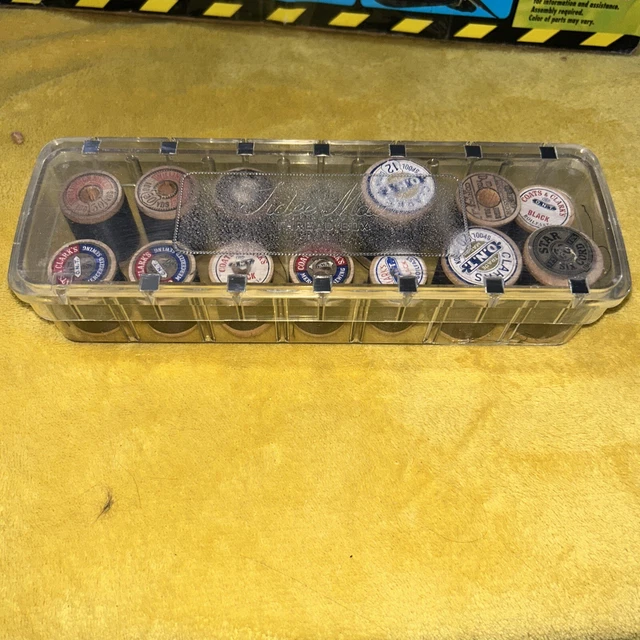 VTG SEWING TIDEE Maid clear plastic thread box & 14 wood spools w ...