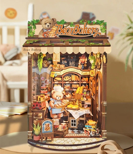 DIY BOOK NOOK Kit Bear Bakery Wooden Miniature Doll House Bookshelf ...