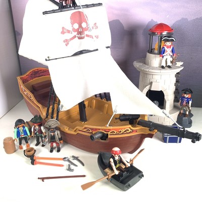 PLAYMOBIL PIRATE SHIP Lookout Tower Pirates Weapons Row Boat See ...