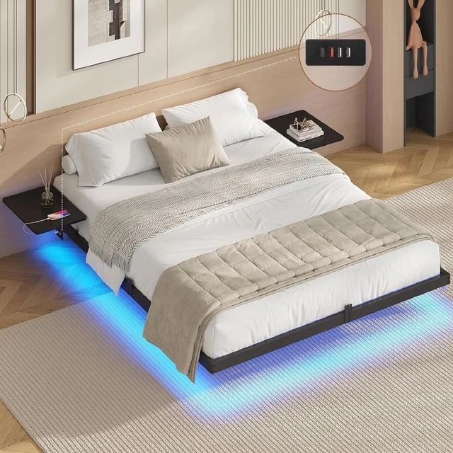 FLOATING BED FRAME with LED Lights and Charging Station King Size Bed ...