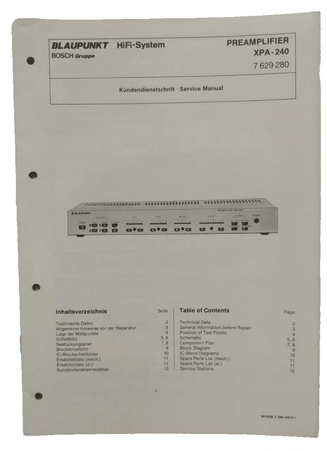 BLAUPUNKT SERVICE MANUAL Reparaturanleitung Schaltpläne Preamplifier XPA-240 EUR 15,00 - PicClick DE