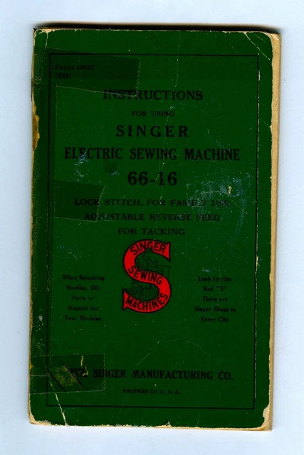 RARE 1940 SINGER Electric Sewing Machine Model 66-16 Instructions ...