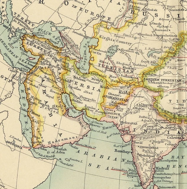 1912 ANTIQUE POLITICAL Map Of Asia China India Saudi Arabia / Verso ...