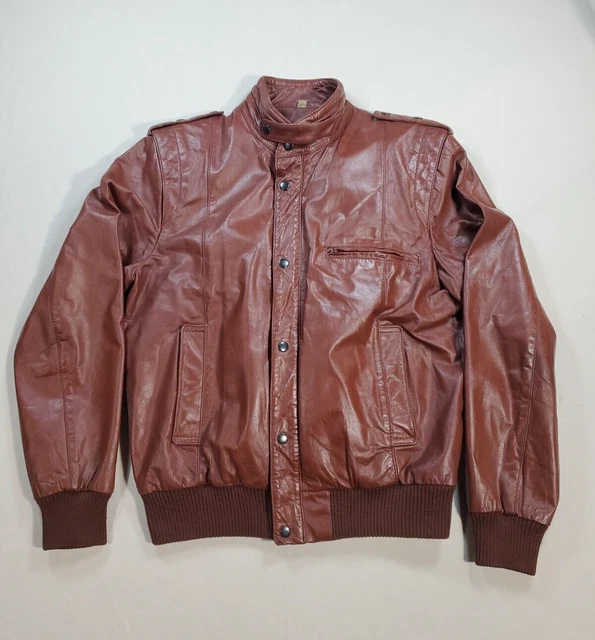 VINTAGE CHESS KING Leather Jacket Size 38 Red Brown Satin Lined Biker ...