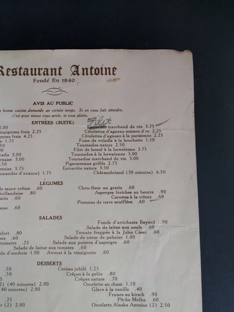 1940 RESTAURANT ANTOINE'S Menu New Orleans French Language 100 Year $16 ...