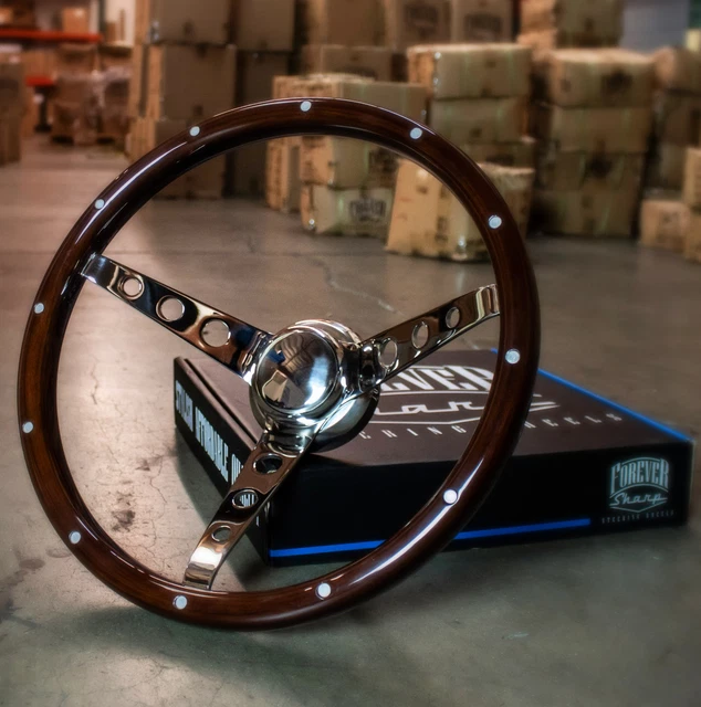 15& VINTAGE REAL Wood Deep Dish Steering Wheel Aluminum Rivets + Horn ...