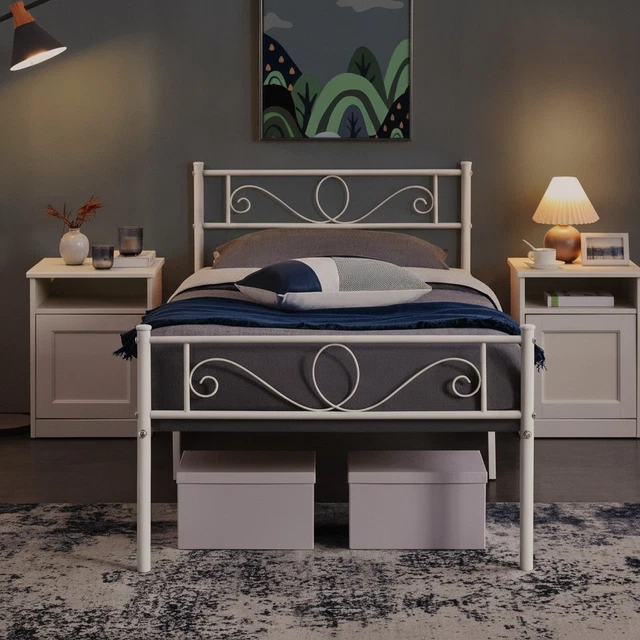 WHITE METAL BED Frame 3ft Single Modern Slatted Headboard Footboard ...