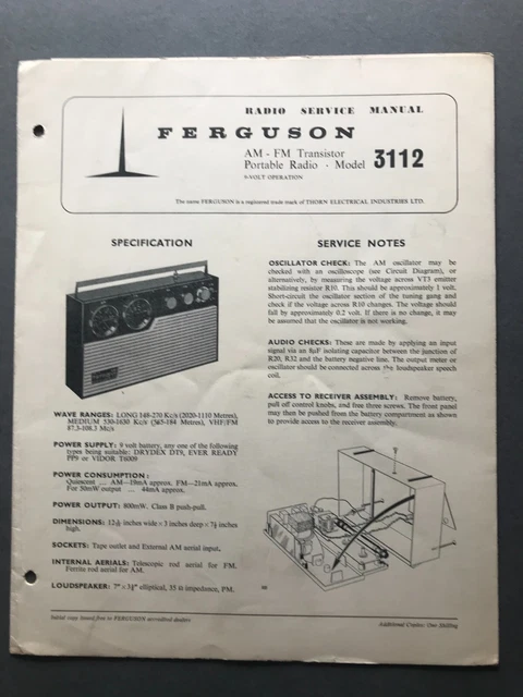 1960S VINTAGE FERGUSON Portable Radio Model 3112 Service Manual £5.00 ...