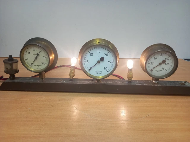 VINTAGE STEAM PRESSURE Vacuum gauges With Light - Brass/Wooden *See Description* £49.99 ...