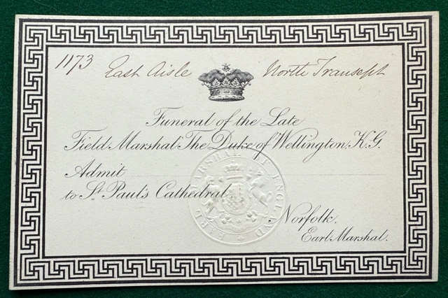ANTIQUE MILITARY FUNERAL Ticket Field Marshal Arthur Wellesley Duke ...