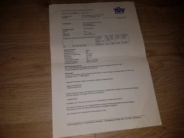 ABE TÜV GUTACHTEN RIAL SP5 KBA 44624 7x15 et45 5x120 BMW 3er E36 + Z3 ...