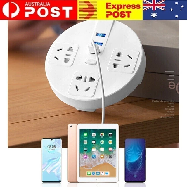 ROUND POWER BOARD Strip 3 USB+3 Socket Outlets Extension Cord Charger ...