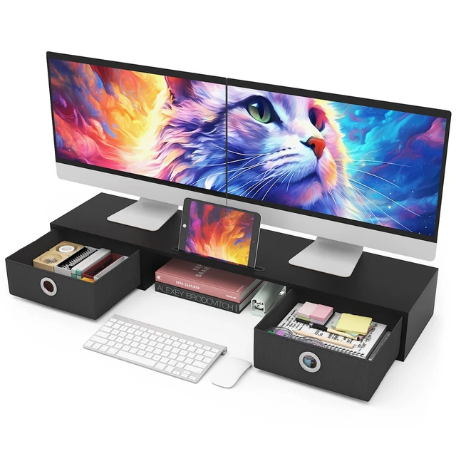 DUAL MONITOR STAND Riser with Two Drawers, Extra Large Storage Monitor ...