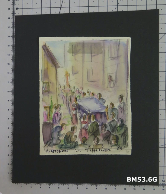 DESSIN VINTAGE SIGNÉ Procession En Uni Crayon Aquarelle BM53.6G EUR 27 ...