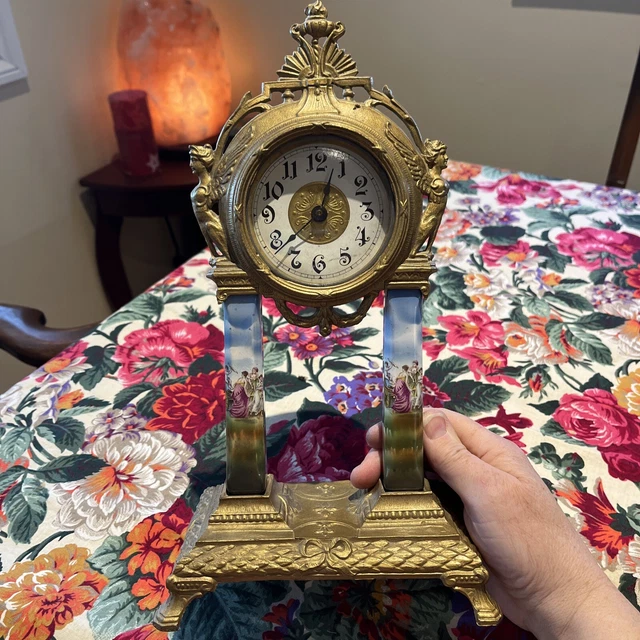 ANTIQUE ANGEL/CHERUB PORCELAIN & cast Mantle Clock RARE $100.00 ...