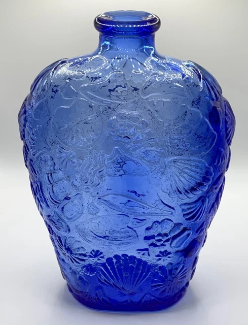 VINTAGE COBALT BLUE Pressed Glass Bottle, Sea Shells, 8.5" $20.00 ...