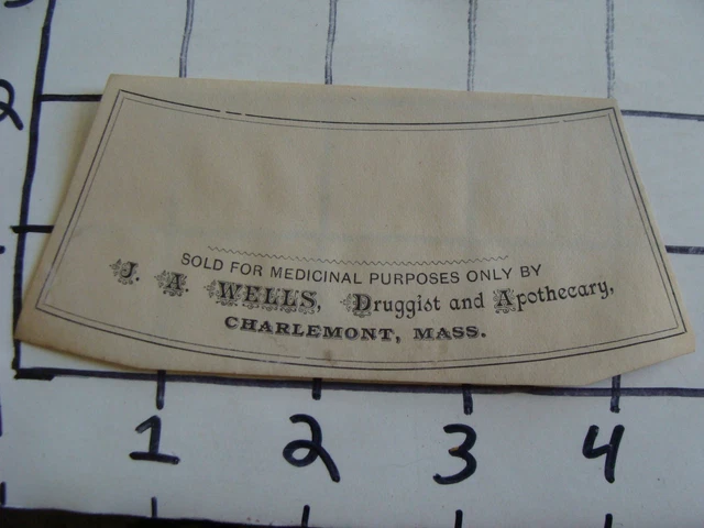 ORIGINAL VINTAGE LABEL: V. EARLY--J.A. WELLS charlemont, mass DRUGGIST ...