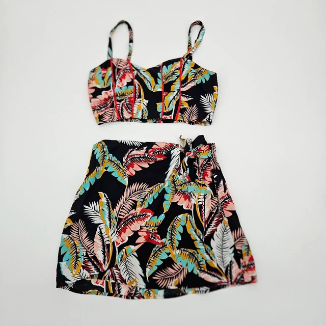 BAND OF GYPSIES Two Piece Set Wrap Skirt Top Size Small Black Tropical ...