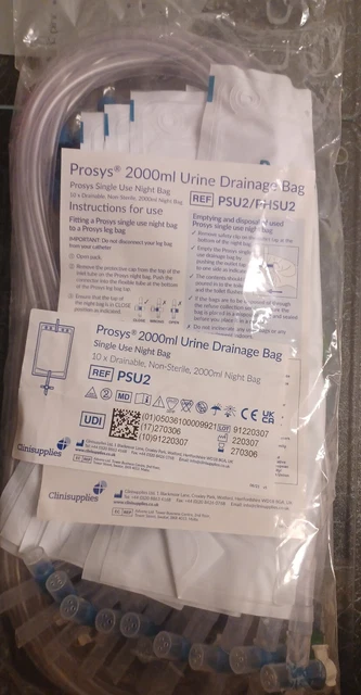 PROSYS 2000ML URINE Drainage Bag PSU/PHSU2 Single use Night Bags- Pack ...