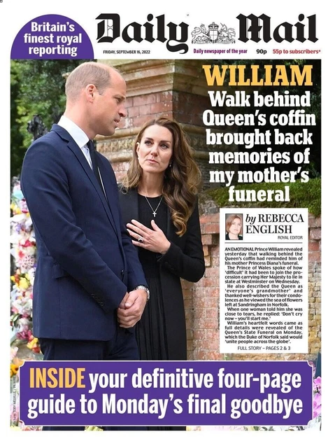 DAILY MAIL NEWSPAPER 16th September 2022 Guide To Queen's Funeral £10. ...