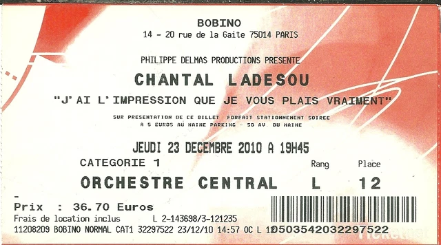 RARE / TICKET De Concert - Chantal Ladesou : Spectacle Comique A Paris ...