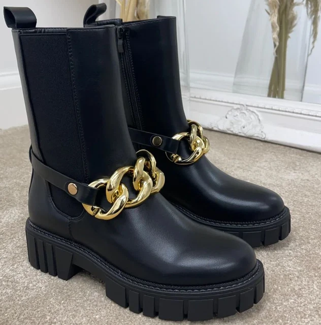 LADIES WOMENS CHAIN Chunky Flat Sole Ankle Chelsea Gussets Fashion ...