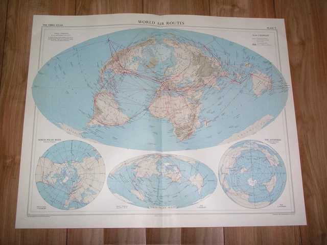 1958 VINTAGE MAP Of World Air Routes Transportation Airlines America ...