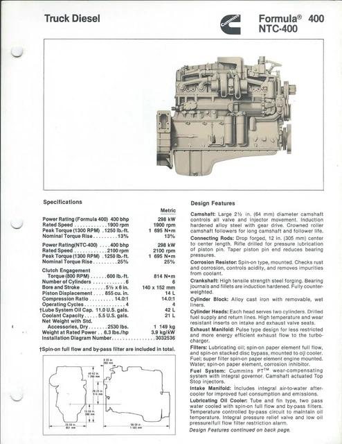 TRUCK ENGINE DATA Sheet - Cummins - Formula 400 NTC-400 - c1983 ...