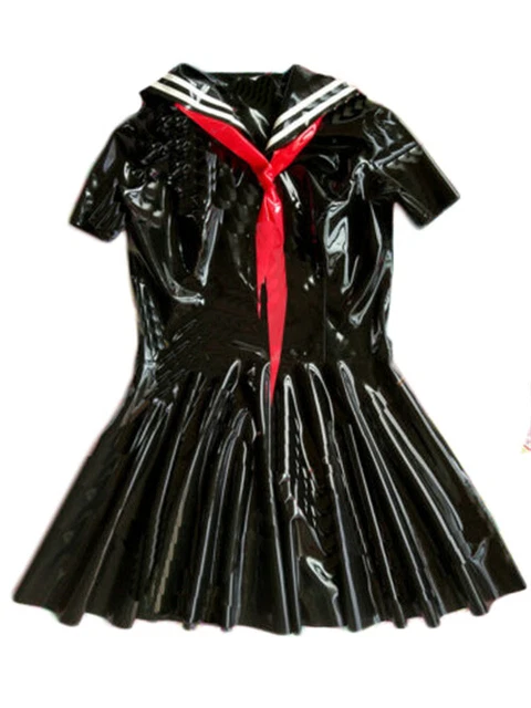 100% Latex Kleid Gummi Schwarz Cosplay Uniform Party Clubwear Dress 0