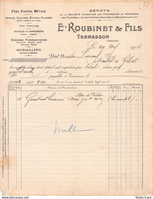 1906 FERS FONTES Metaux E Roubinet Et Fils Terrasson-Leonard Au Montel ...