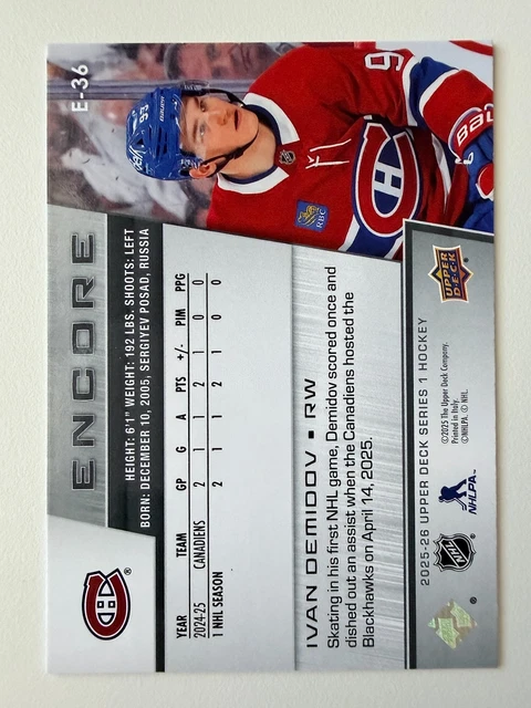 2025-26 UPPER DECK Series 1 Encore Ivan Demidov Montreal # E-36 $53.00 - PicClick CA